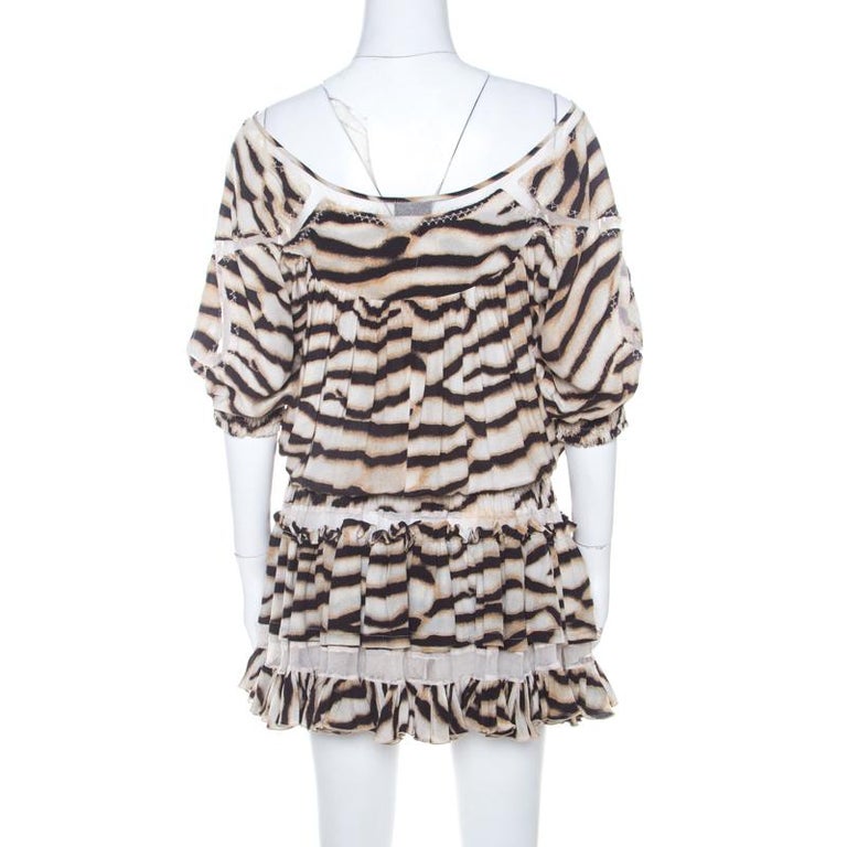 Just Cavalli Tiger Stripe Print Mesh Insert Smocked Waist Dress S For ...