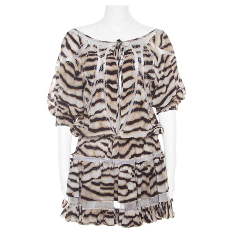 Just Cavalli Tiger Stripe Print Mesh Insert Smocked Waist Dress S For ... Just Cavalli Tiger Stripe Print Mesh Insert Smocked Waist Dress S For ...