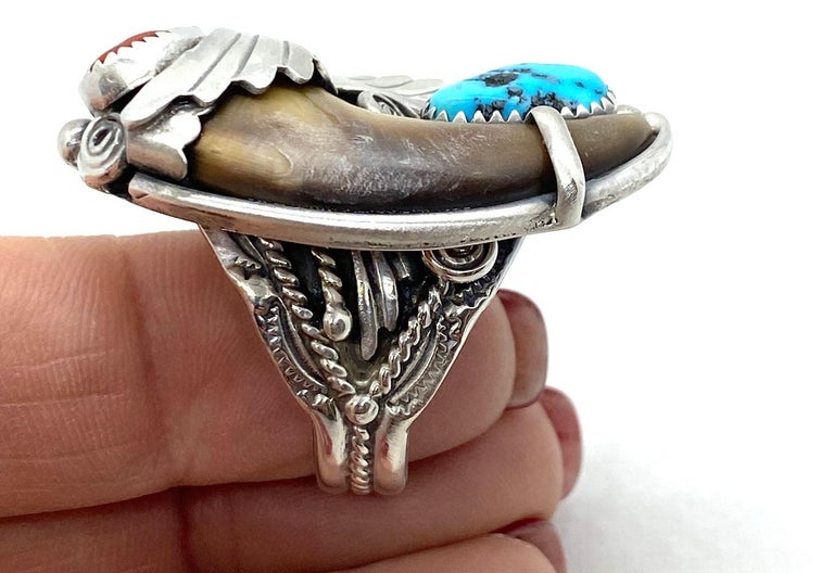 JW Toadlena Native American Bear Ring with Turquoise and Coral Sterling ...