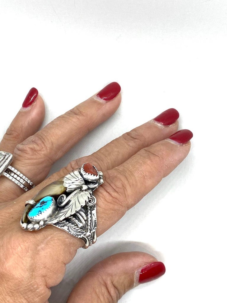 JW Toadlena Native American Bear Ring with Turquoise and Coral Sterling ...