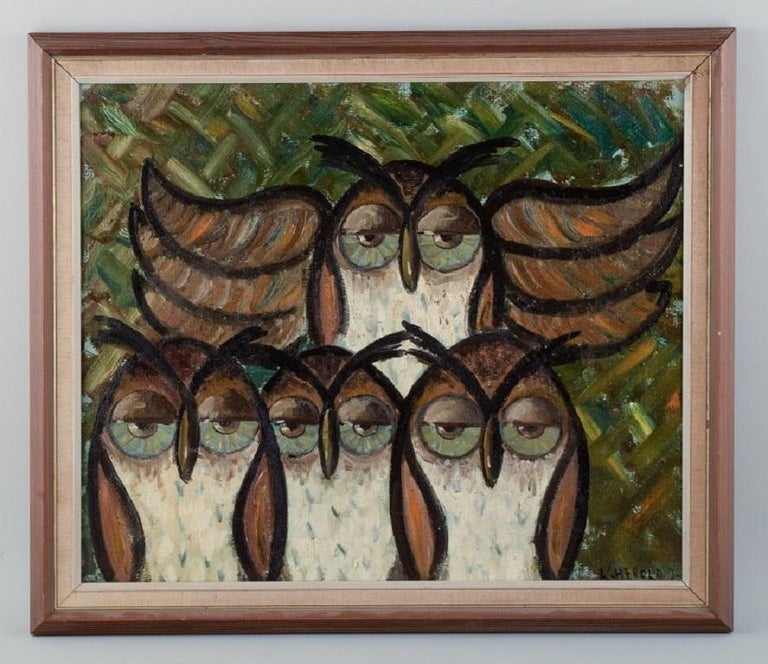 K. Herold J. Danish artist. Oil on canvas. Composition with owls. For ...