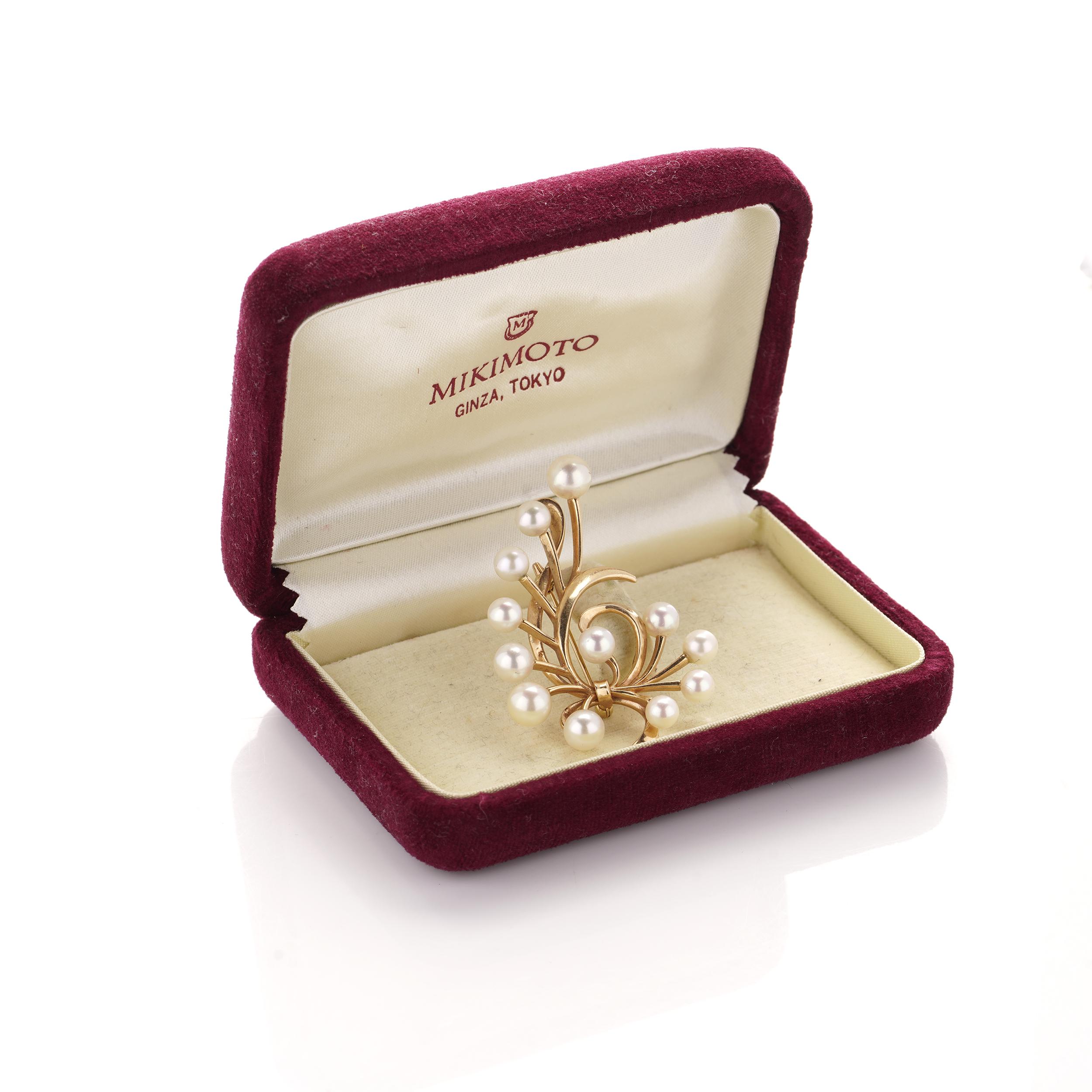 K. Mikimoto 14 Karat Yellow Gold Brooch with Cultured Akoya Pearls For ...
