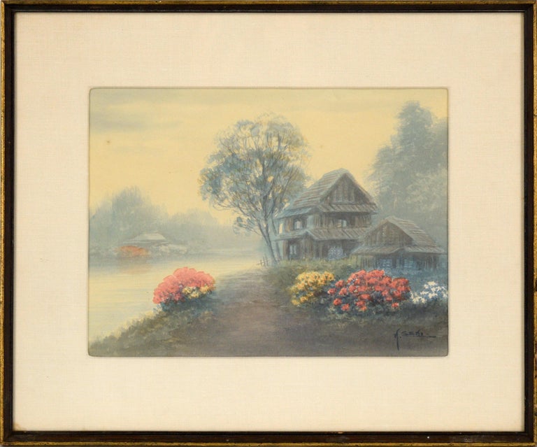 K. Seki - Houses at the Edge of the River - Japanese Watercolor on ...