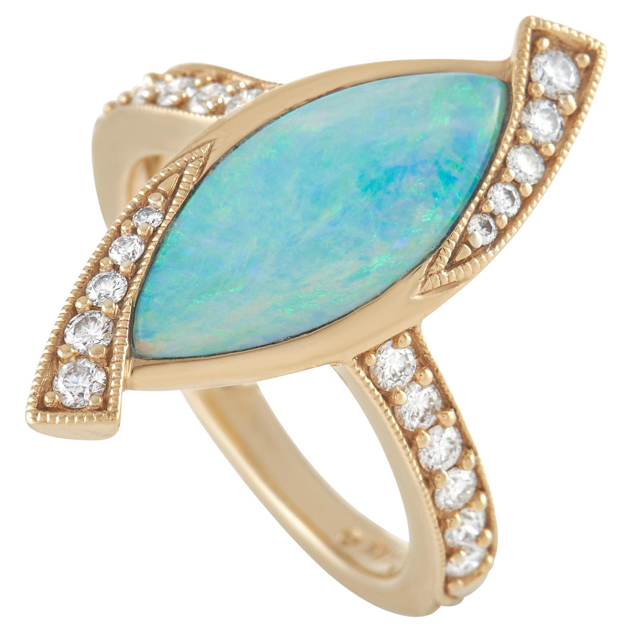 Opal and Diamond Kabana Ring, 14 Karat Yellow Gold Round Brilliant .18 ...