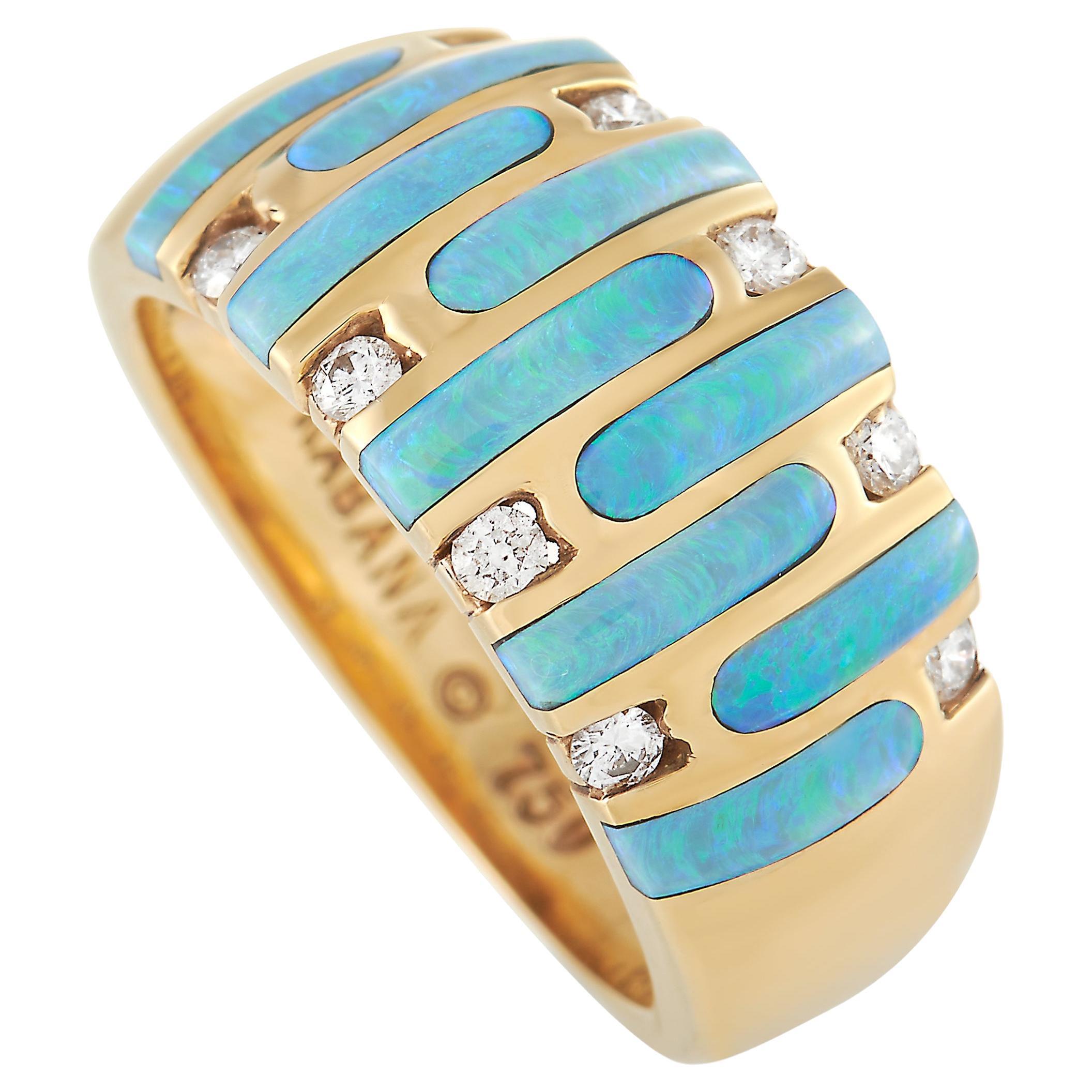 Opal and Diamond Kabana Ring, 14 Karat Yellow Gold Round Brilliant .18 ...
