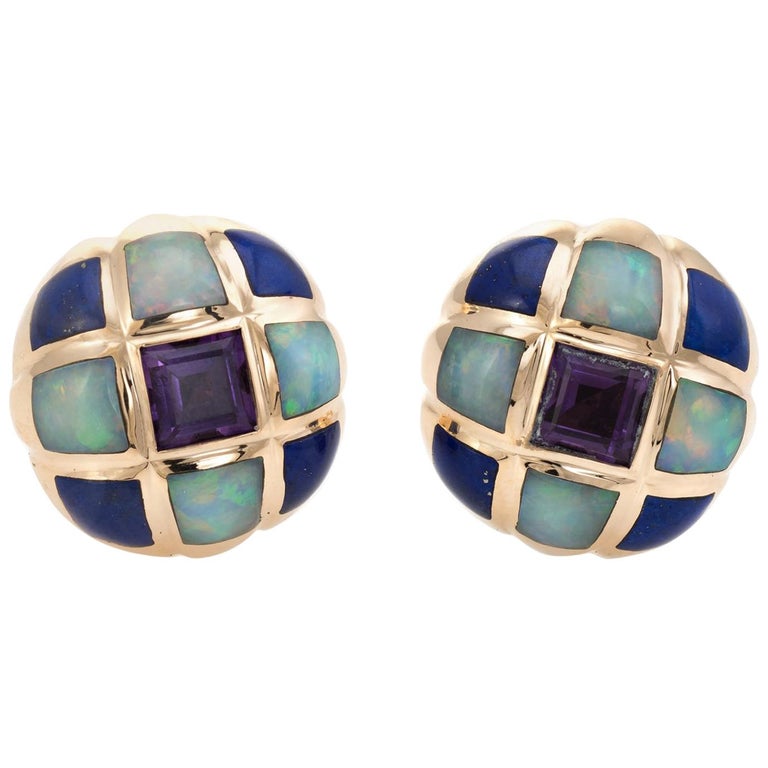 Kabana Opal Amethyst Lapis Lazuli Earrings Estate Round Stud 14 Karat Gold at 1stDibs