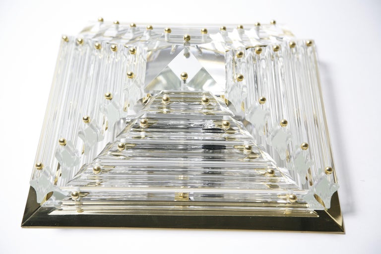 Mid 20th Kaiser Pyramid Flush Mount Crystal Glass, Brass Frame 1980s ...