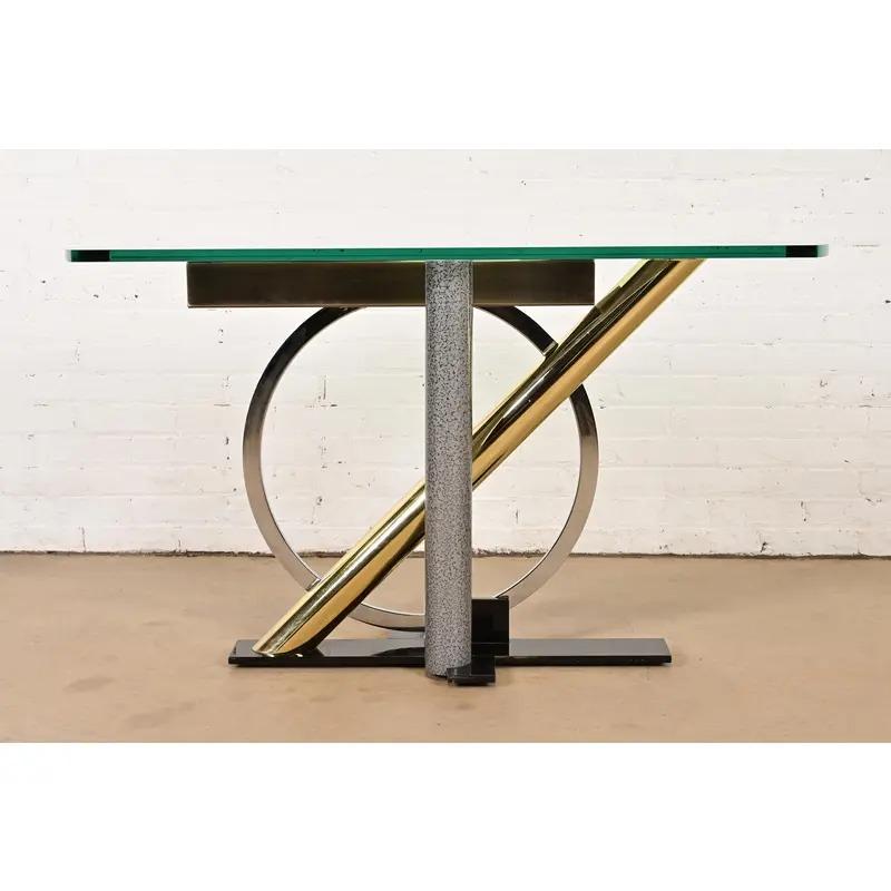 Kaizo Oto Postmodern Sculptural Steel and Brass Glass Top Console Table ...