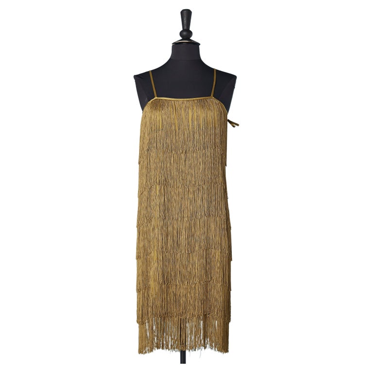 Kaki cocktail dress with silk threads fringes Angelo Tarlazzi Circa ...