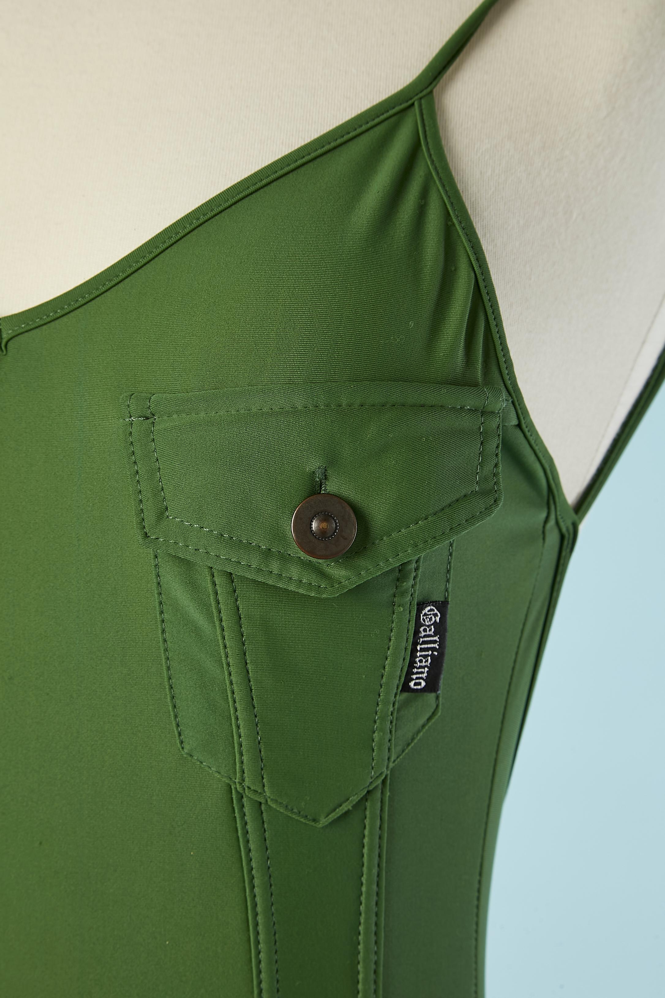 Kaki lycra one piece bathing-suit with pockets and belt John Galliano ...
