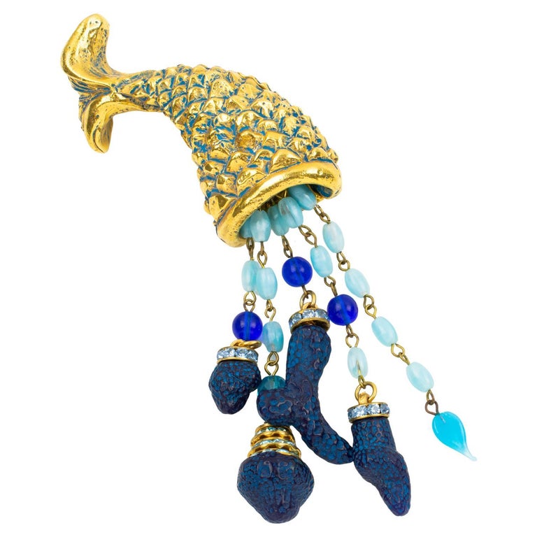 Kalinger Gold Coated Resin Pin Brooch Horn of Plenty with Blue Jeweled ...