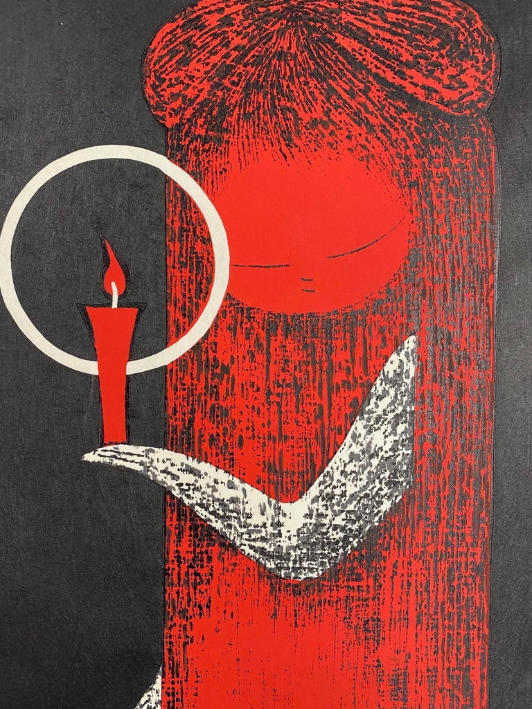 Kaoru Kawano Japanese Woodblock Print Girl with Candle Light Flame For ...