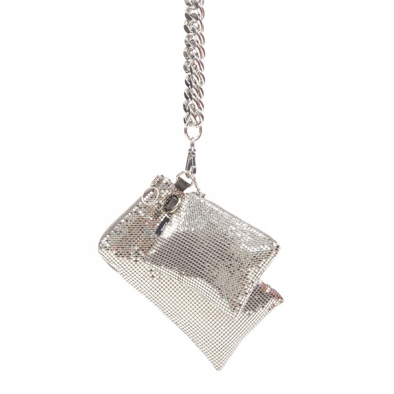 KARA silver liquid metal chainmail chunky chain double zip pouch bag ...