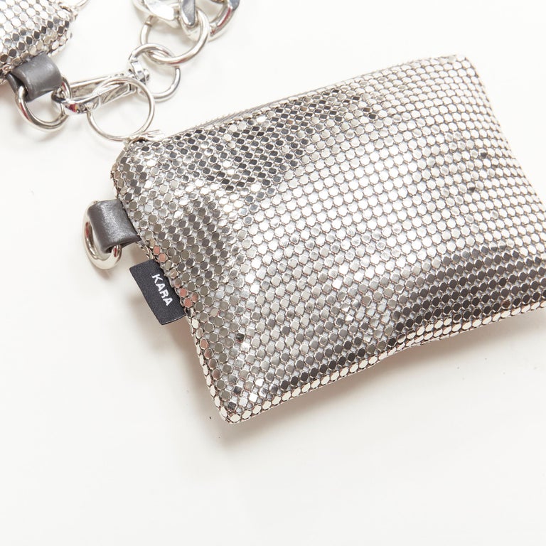 KARA silver liquid metal chainmail chunky chain double zip pouch bag ...