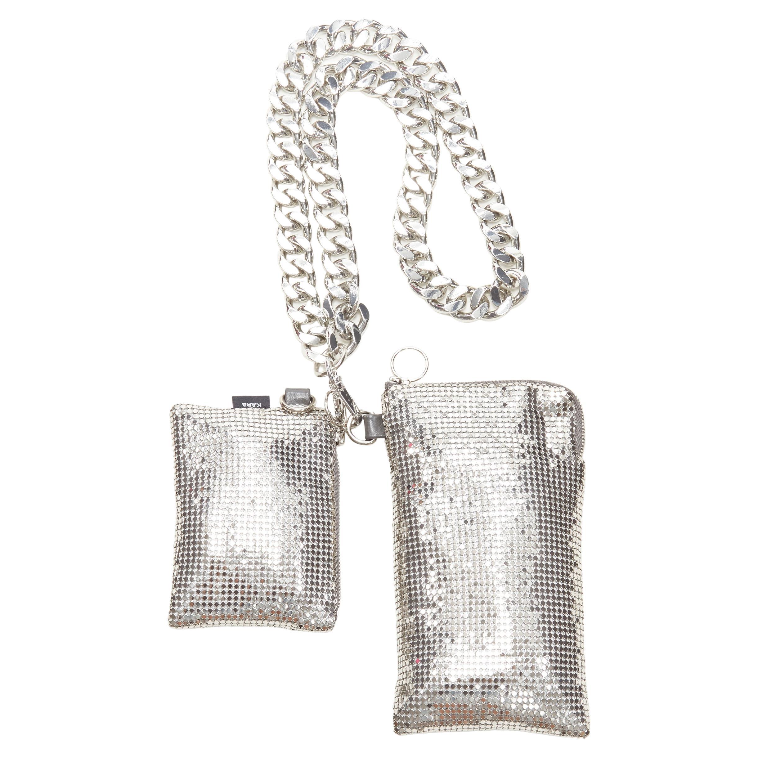 KARA silver liquid metal chainmail chunky chain double zip pouch bag ...