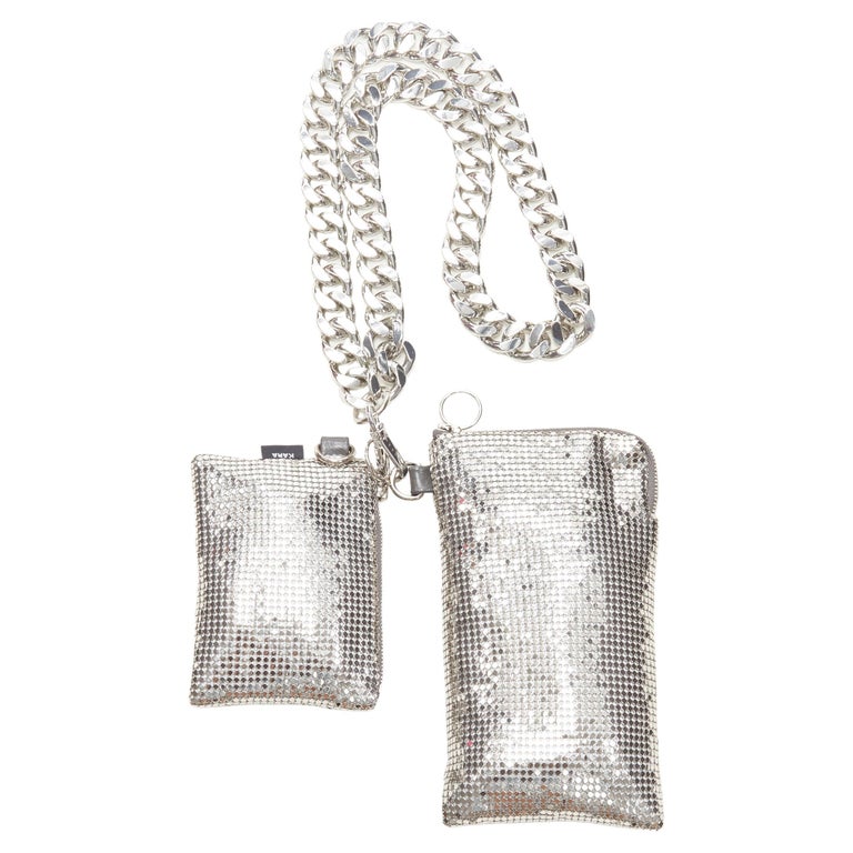KARA silver liquid metal chainmail chunky chain double zip pouch bag ...