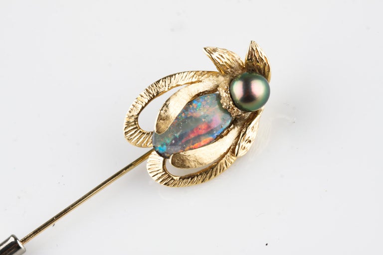 Karbra 14k Yellow Gold Tahitian Pearl and 4 Carat Opal Beetle Stick Pin ...
