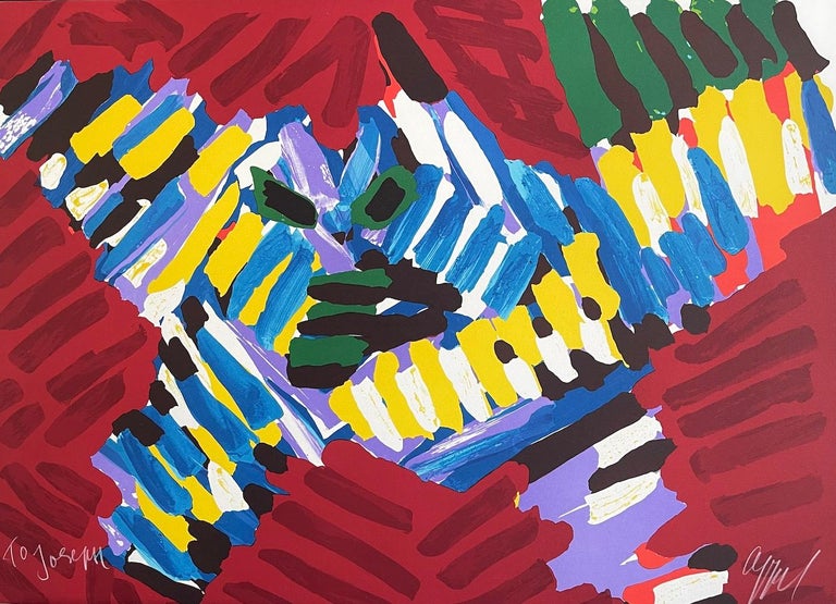 Karel Appel - FLYING OWL Signed Lithograph, Abstract Bird, Wine Red ...