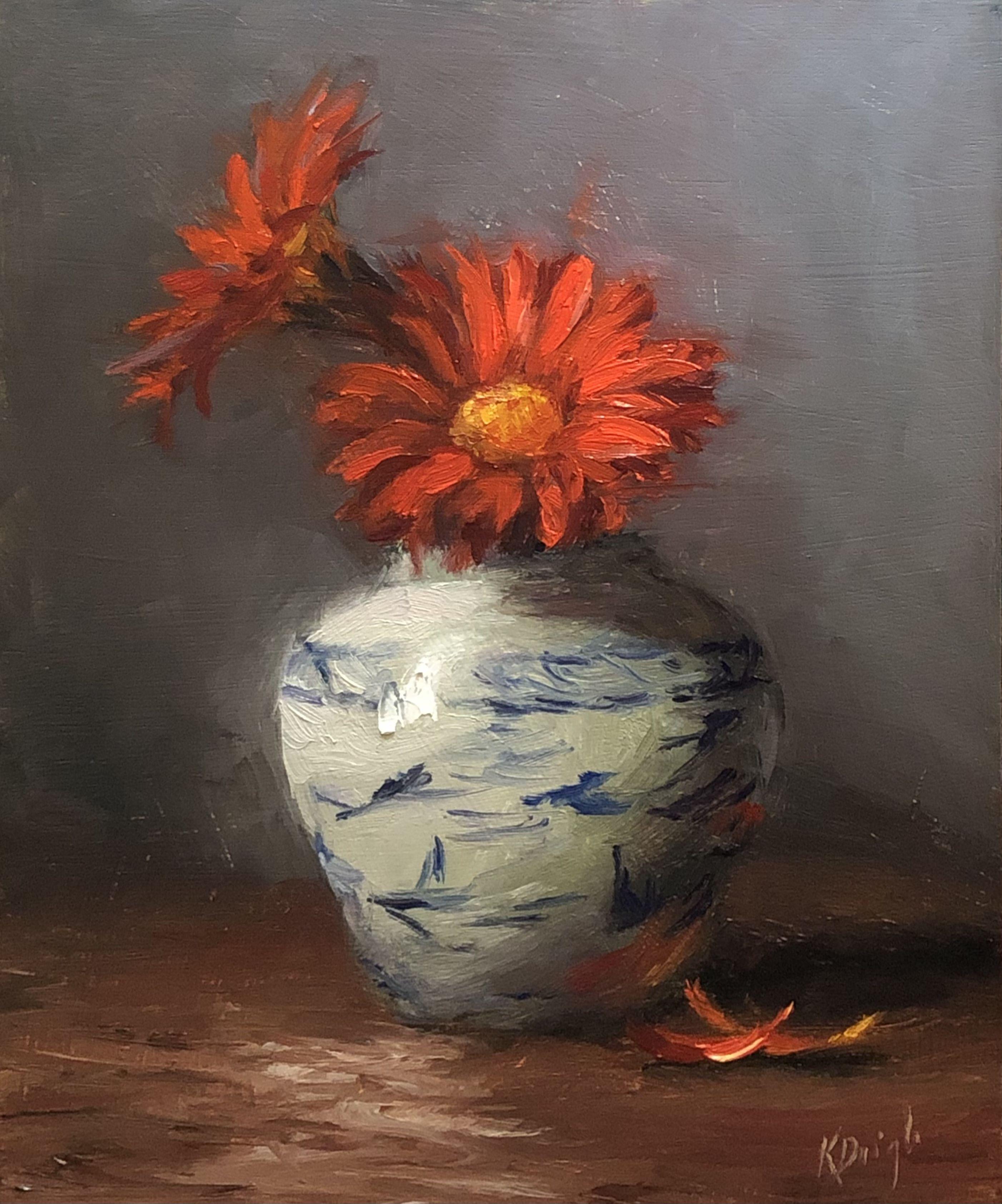 Karen Daigle - Gerber Daisies in an Old Vase, Painting, Oil on Wood ...