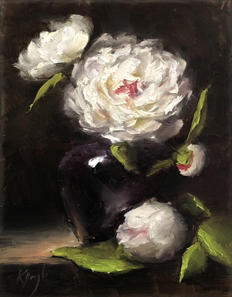 Karen Daigle - Peonies in Dark Vase, Painting, Oil on Wood Panel For ...