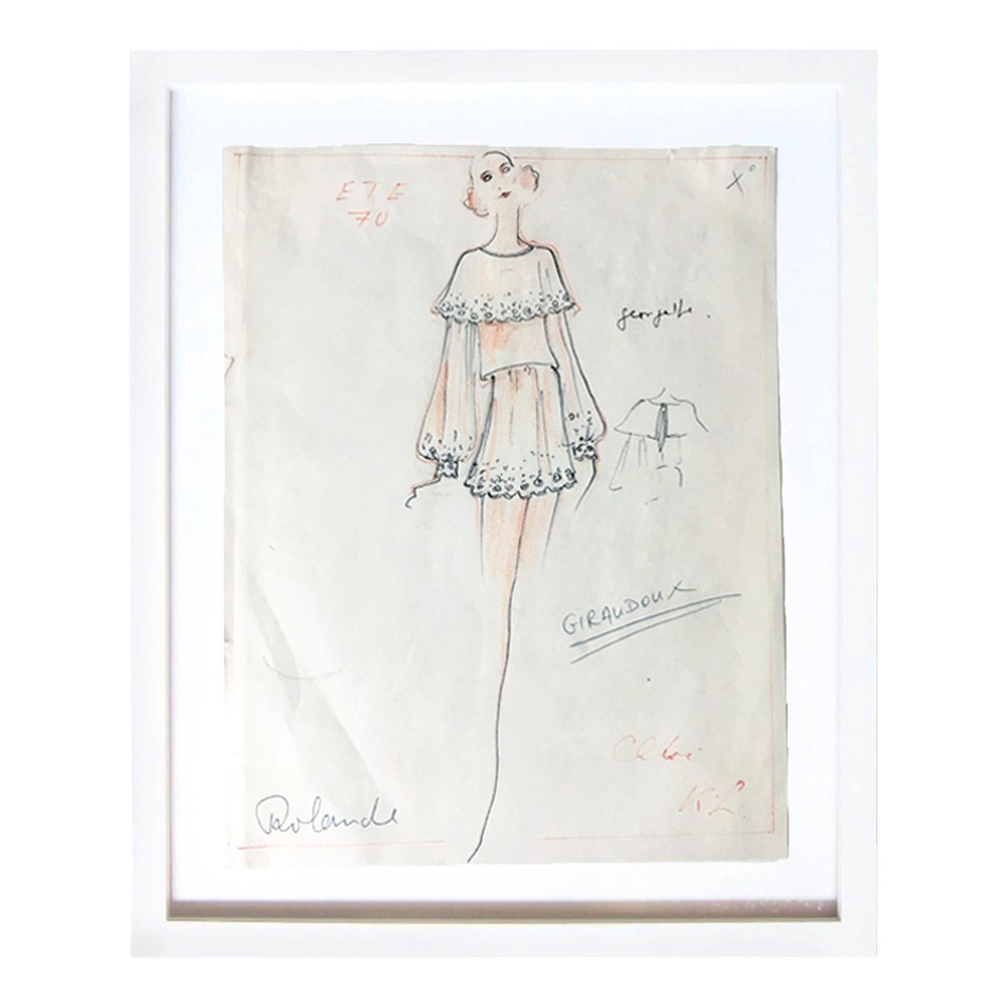 Karl Lagerfeld Original Sketch Croquis For Chloe Mini Dress 1970 For ...