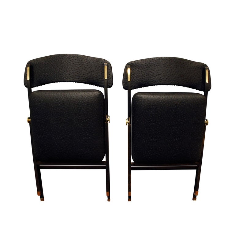 Karl Springer Backgammon Table with Folding Chairs in Ostrich, 1970s ...