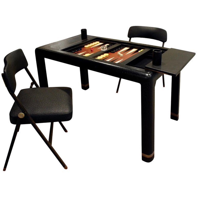 Karl Springer Backgammon Table with Folding Chairs in Ostrich, 1970s ...