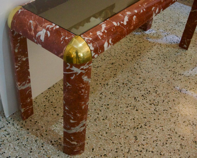 Console Table in Breccia Marble, Brass and Glass For Sale at 1stDibs