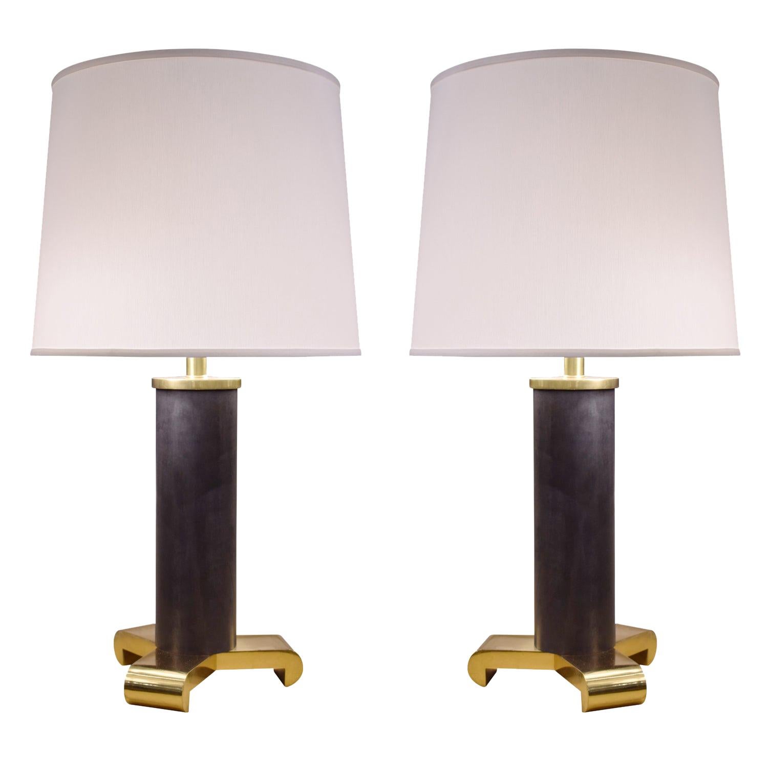 Karl Springer Exceptional Pair of Table Lamps in Gunmetal and Brass ...