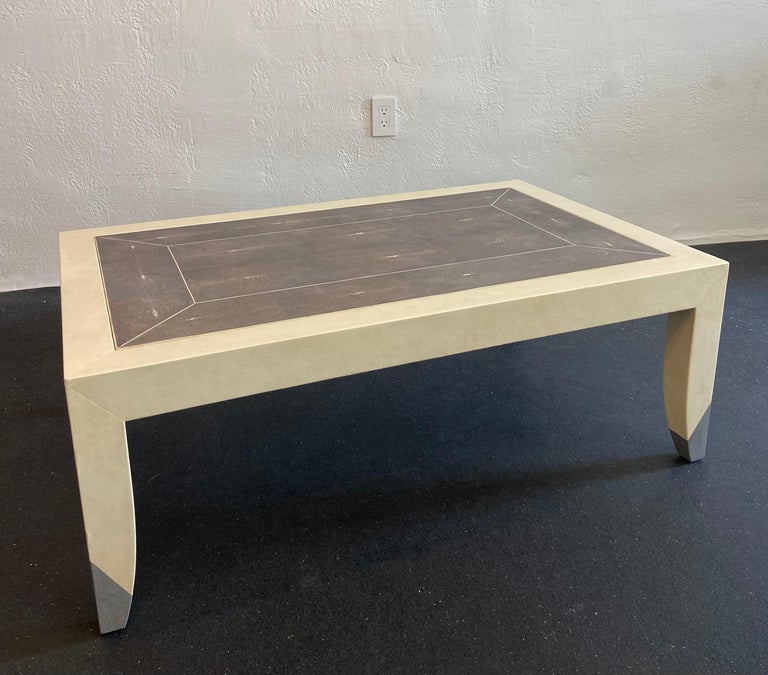 Karl Springer Gray Shagreen and Leather Wrapped Coffee Table For Sale ...