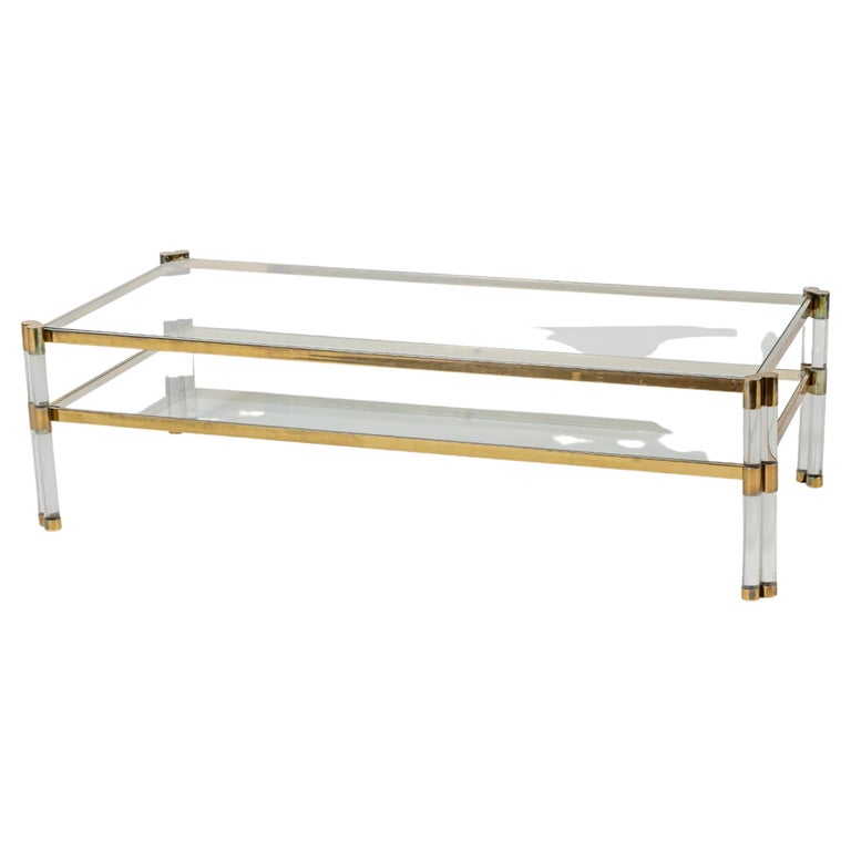 Karl Springer Lucite, Glass, and Brass Coffee Table with Shelf For Sale ...