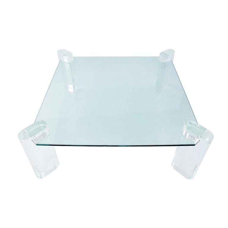 Karl Springer "Lucite Leg Coffee Table" with Thick Glass Top 1980s For ...