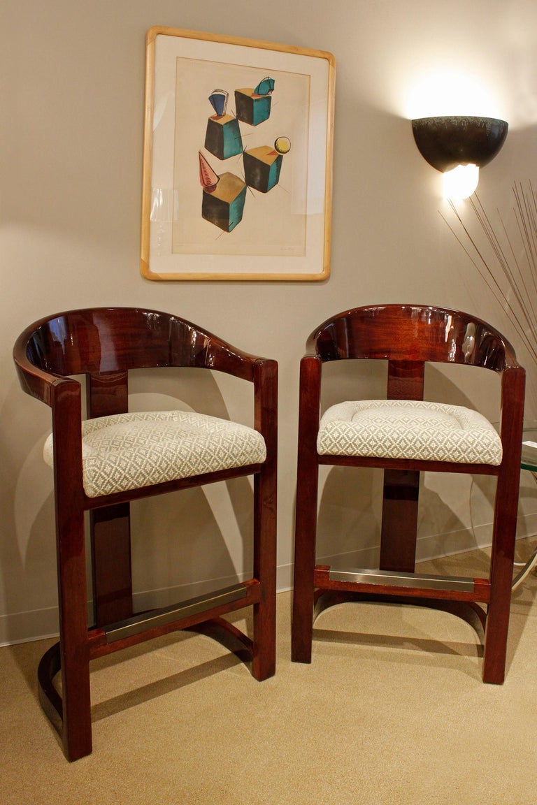 Karl Springer Pair of "Onassis Bar Stools" in Lacquered Mahogany, 1970s ...