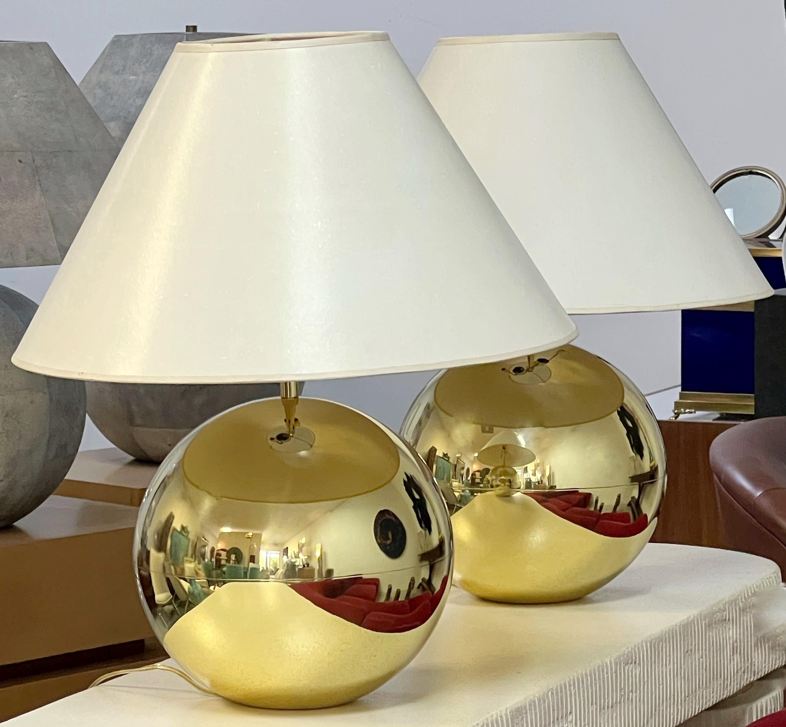 Karl Springer Pair of Round Bronze Table Lamps For Sale at 1stDibs