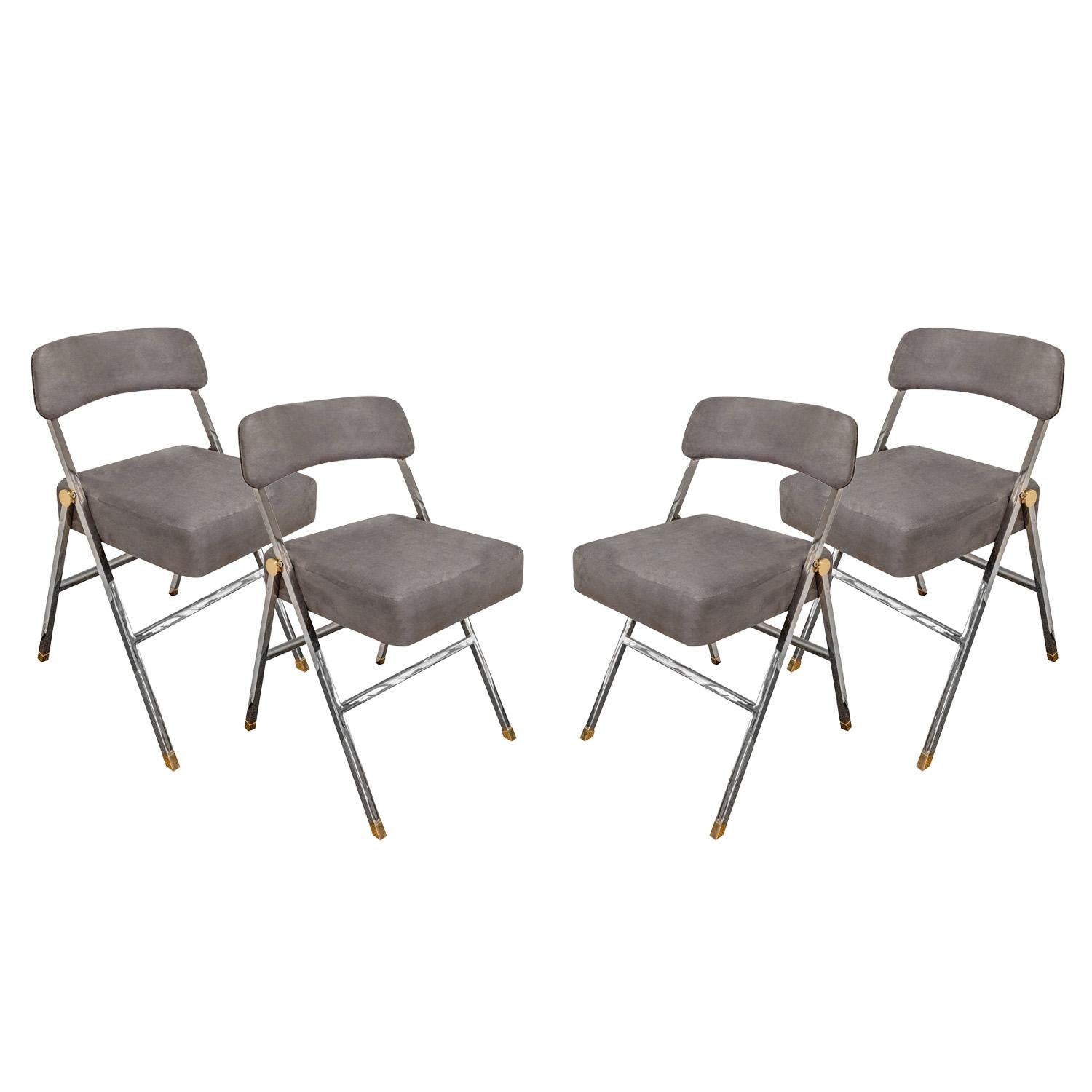 Karl Springer Rare Set of 4 Folding Chairs with Polished Chrome and ...