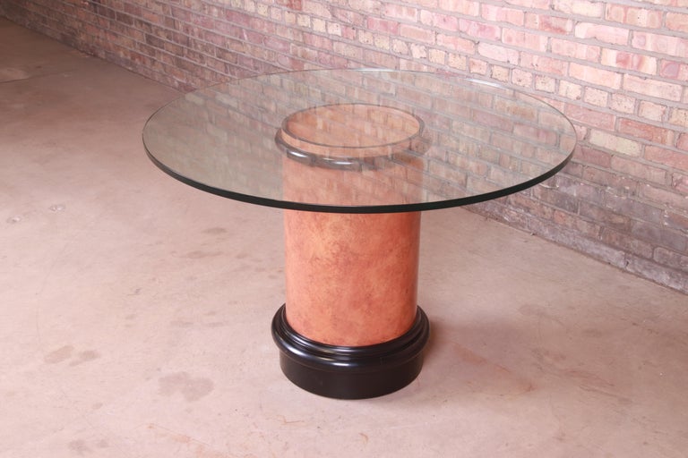 Karl Springer Style Modern Burl Wood Glass Top Pedestal Dining or ...