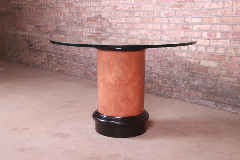 Karl Springer Style Modern Burl Wood Glass Top Pedestal Dining or ...