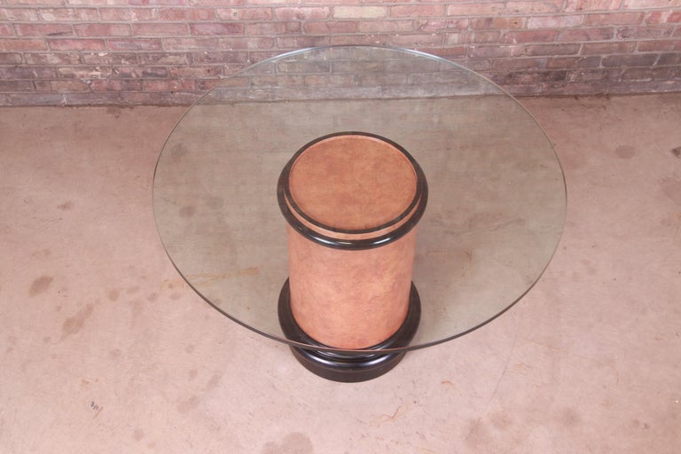 Karl Springer Style Modern Burl Wood Glass Top Pedestal Dining or ...