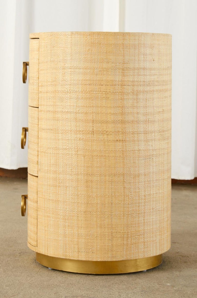 Karl Springer Style Raffia Grasscloth Circular Nightstand at 1stDibs