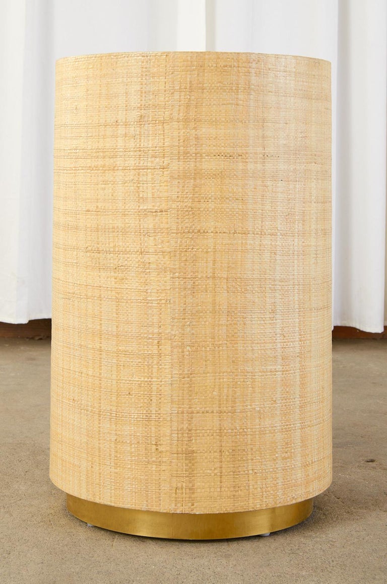 Karl Springer Style Raffia Grasscloth Circular Nightstand at 1stDibs