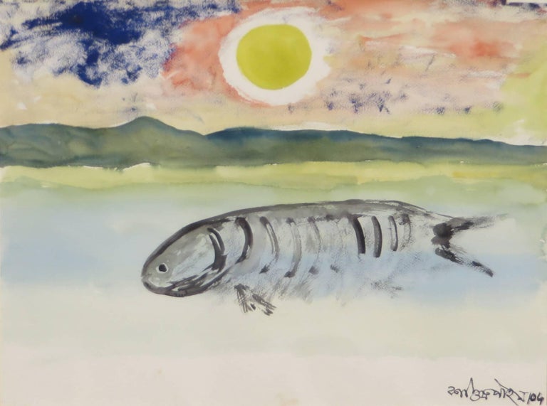 Kartick Chandra Pyne - Fish, Watercolour on paper, Yellow, Blue, Green ...