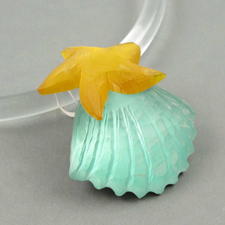 Kaso Rigid Lucite Choker Necklace Green Yellow Shell and Starfish For ...