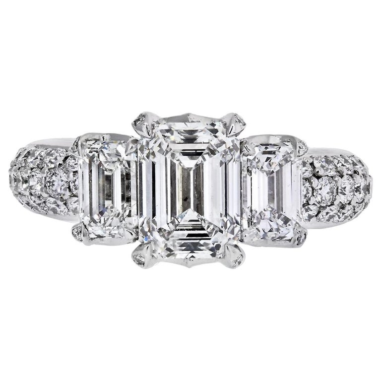 Kat Florence Three-Stone Emerald Cut Diamond Engagement Ring at 1stDibs