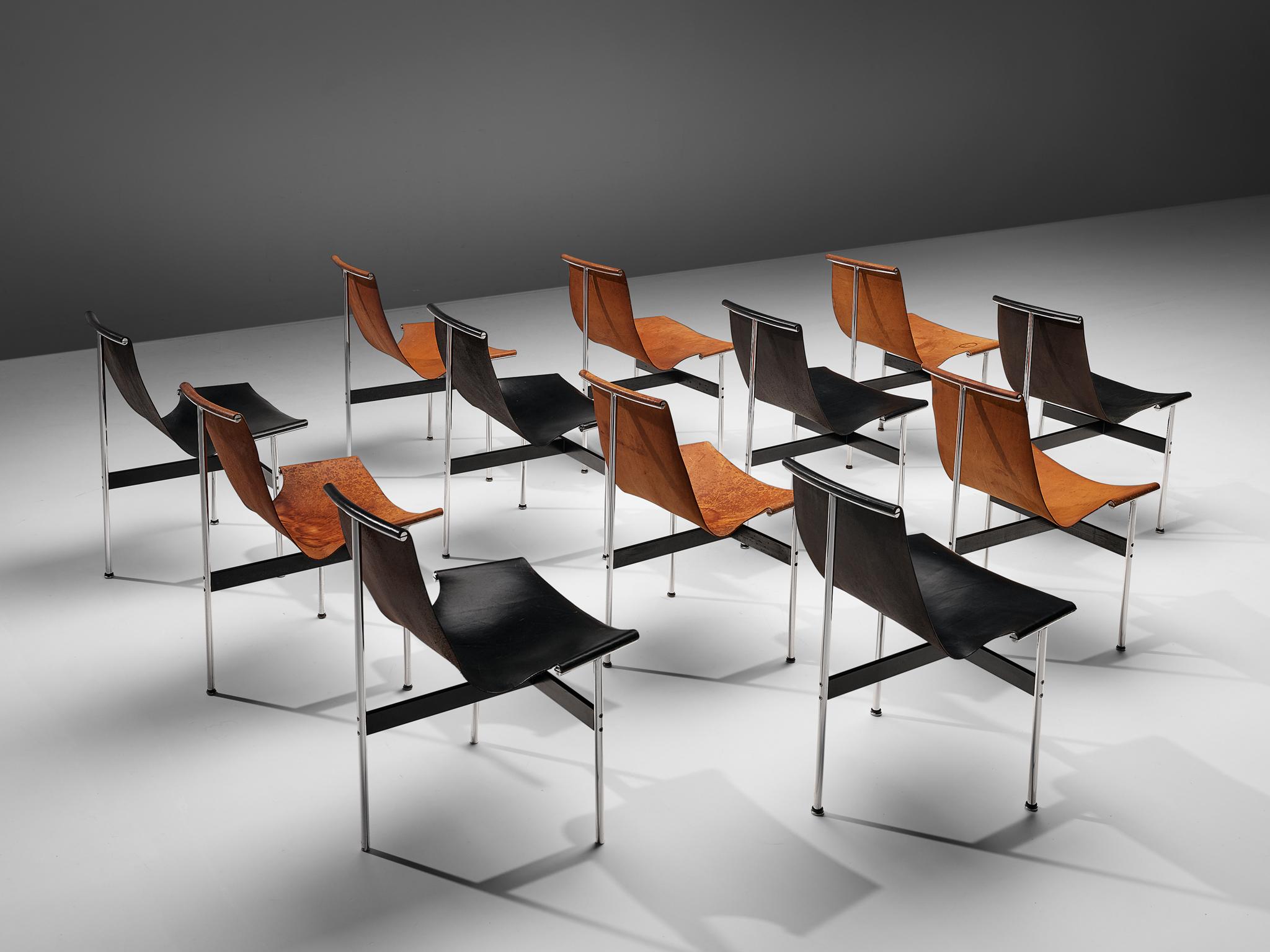 Katavolos, Littell and Kelley Set of Twelve T-Chairs in Black and Cognac Leather For Sale at 1stDibs