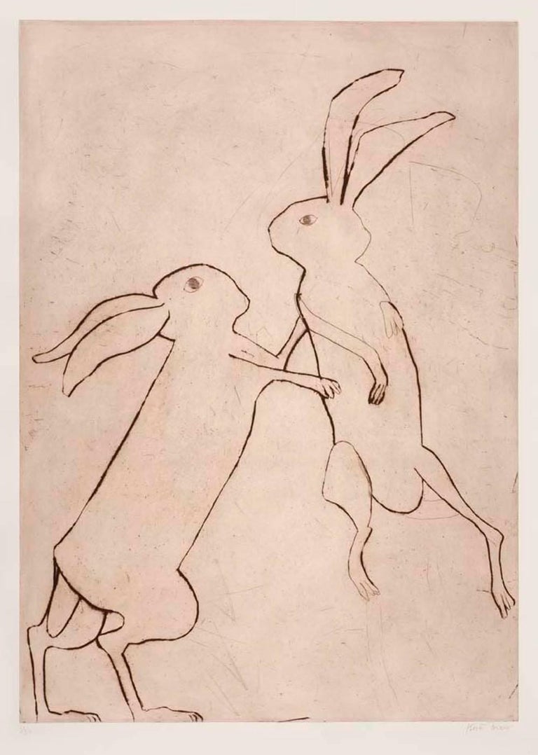 Two Boxing Hares in Spring, Light Brown Drypoint Print For Sale at 1stDibs