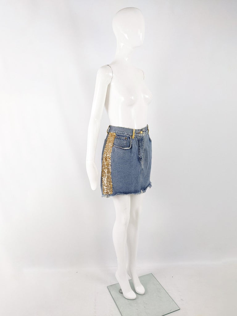 Katharine Hamnett Vintage Blue Denim Jean Gold Sequin Mini Skirt, 1980s ...
