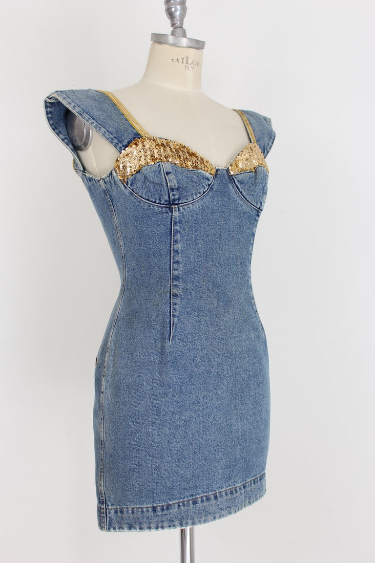 Katherine Hamnett Blue Gold Denim Sequins Short Dress at 1stDibs
