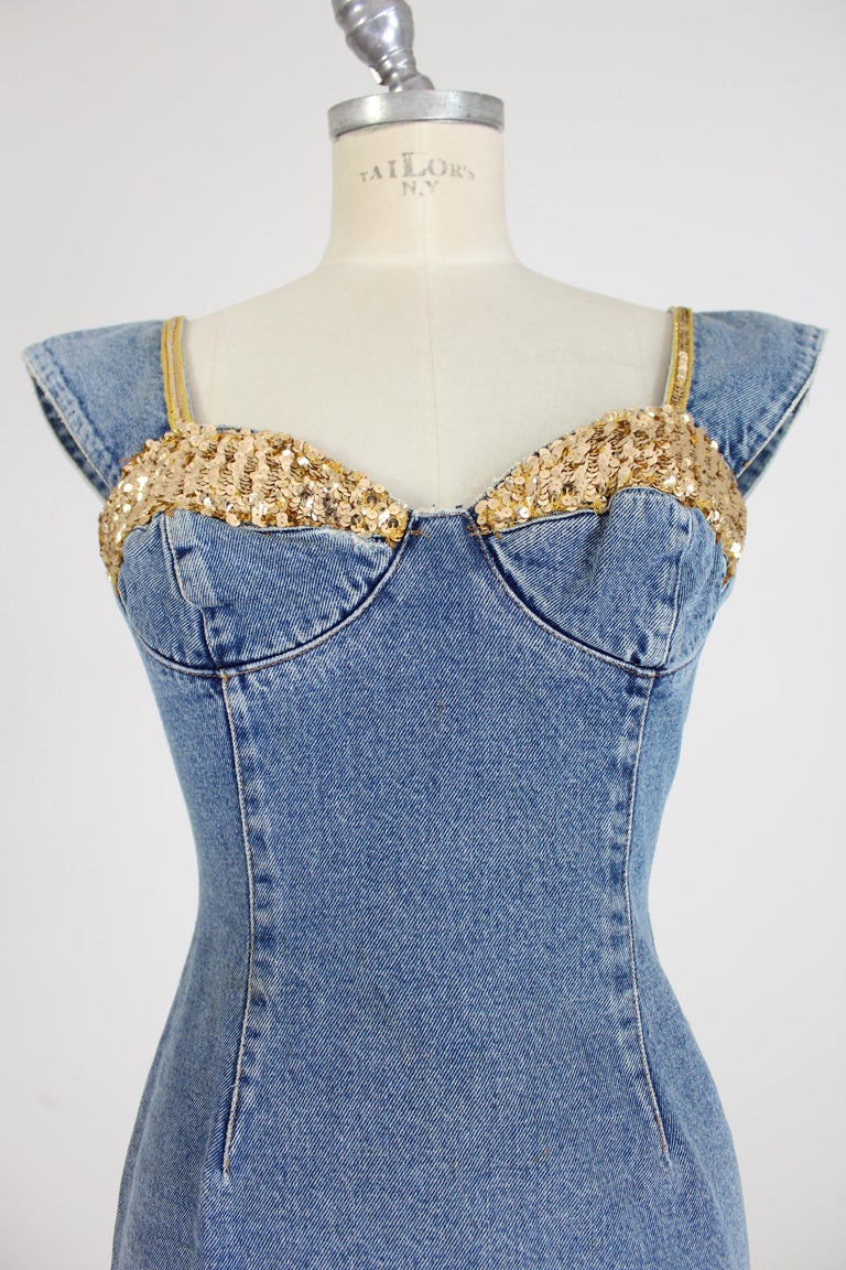 Katherine Hamnett Blue Gold Denim Sequins Short Dress at 1stDibs