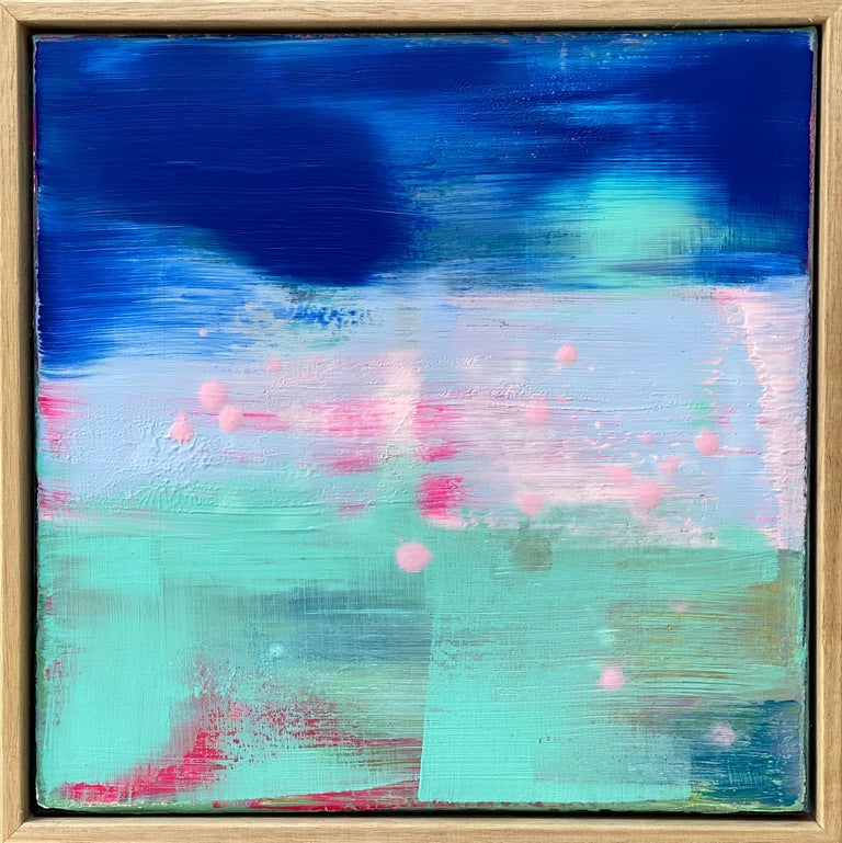 Kathleen Rhee - Feel Alright small framed abstract expressionist painting in cobalt and pastel ...