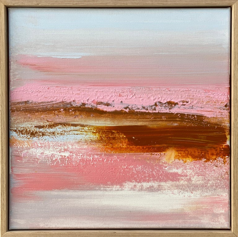 Kathleen Rhee - Hand On My Heart small framed abstract expressionist painting in pink and sienna ...